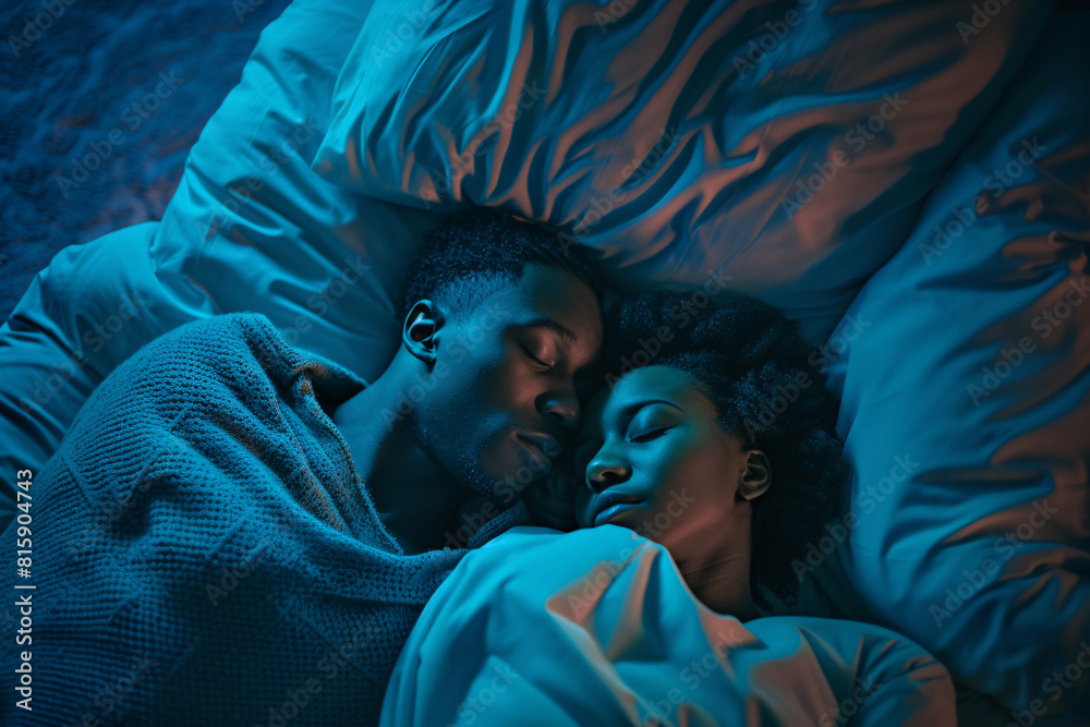 top view couple sleeping in bed at night. husband and wife cuddling ...