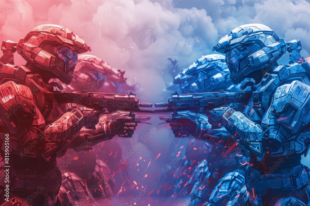 Red team versus blue team exercises, front view, honing defense tactics ...