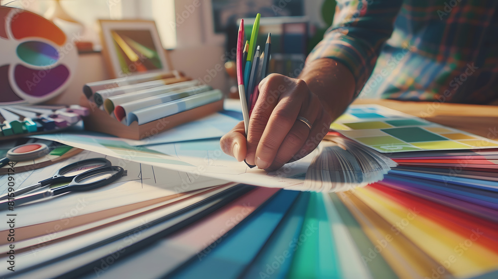 Interior architect designer at workstation table choosing various color ...