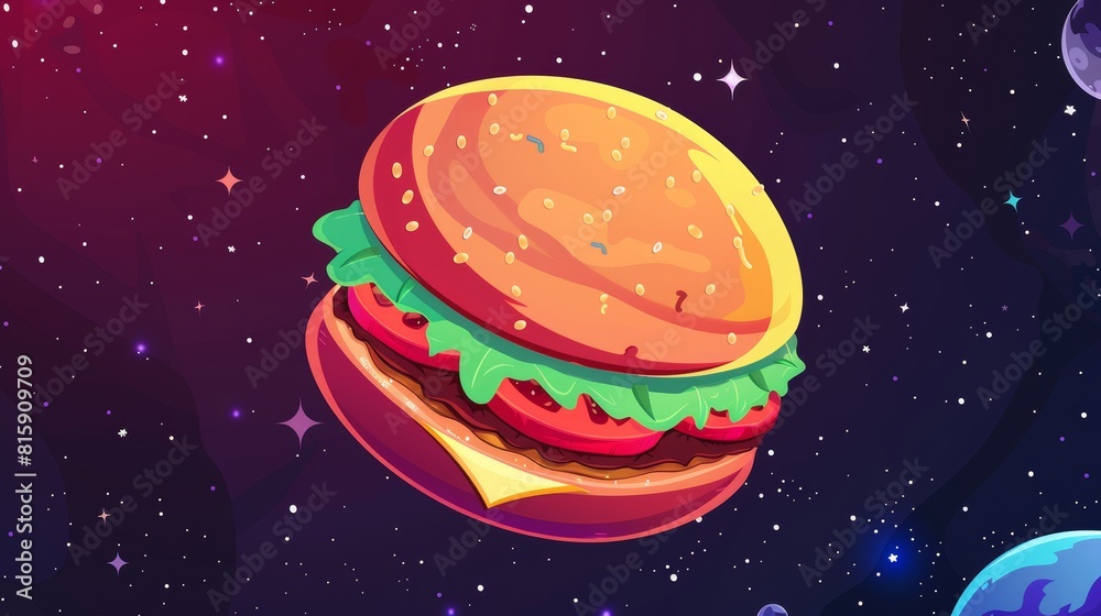 Food planet with hamburger texture in outer space. Illustration for gui ...