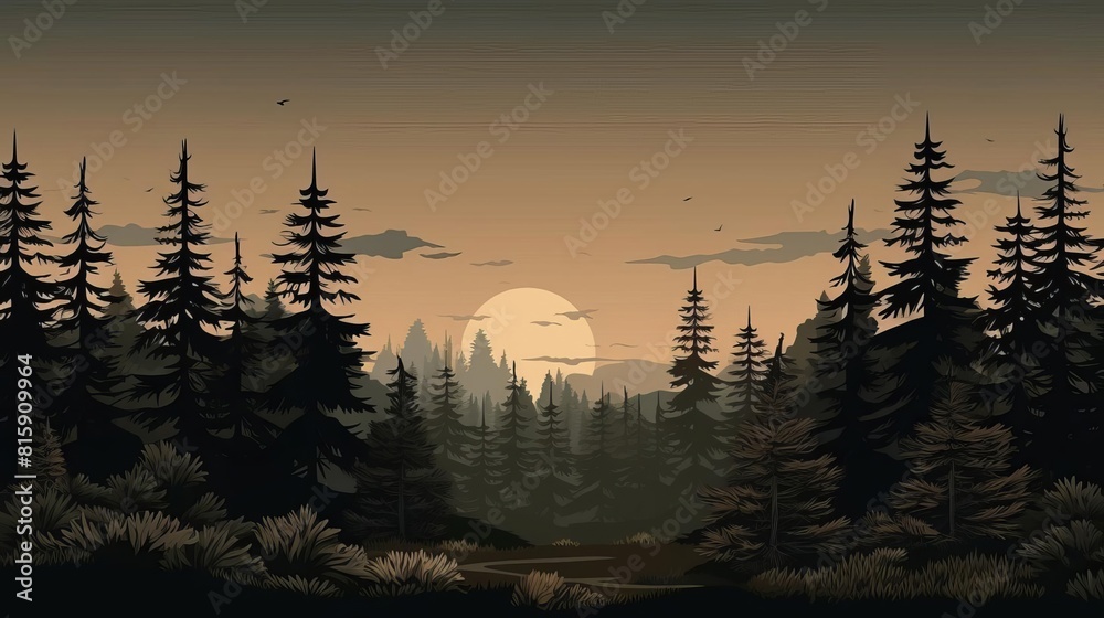 pine forest flat design side view wilderness theme 3D render ...