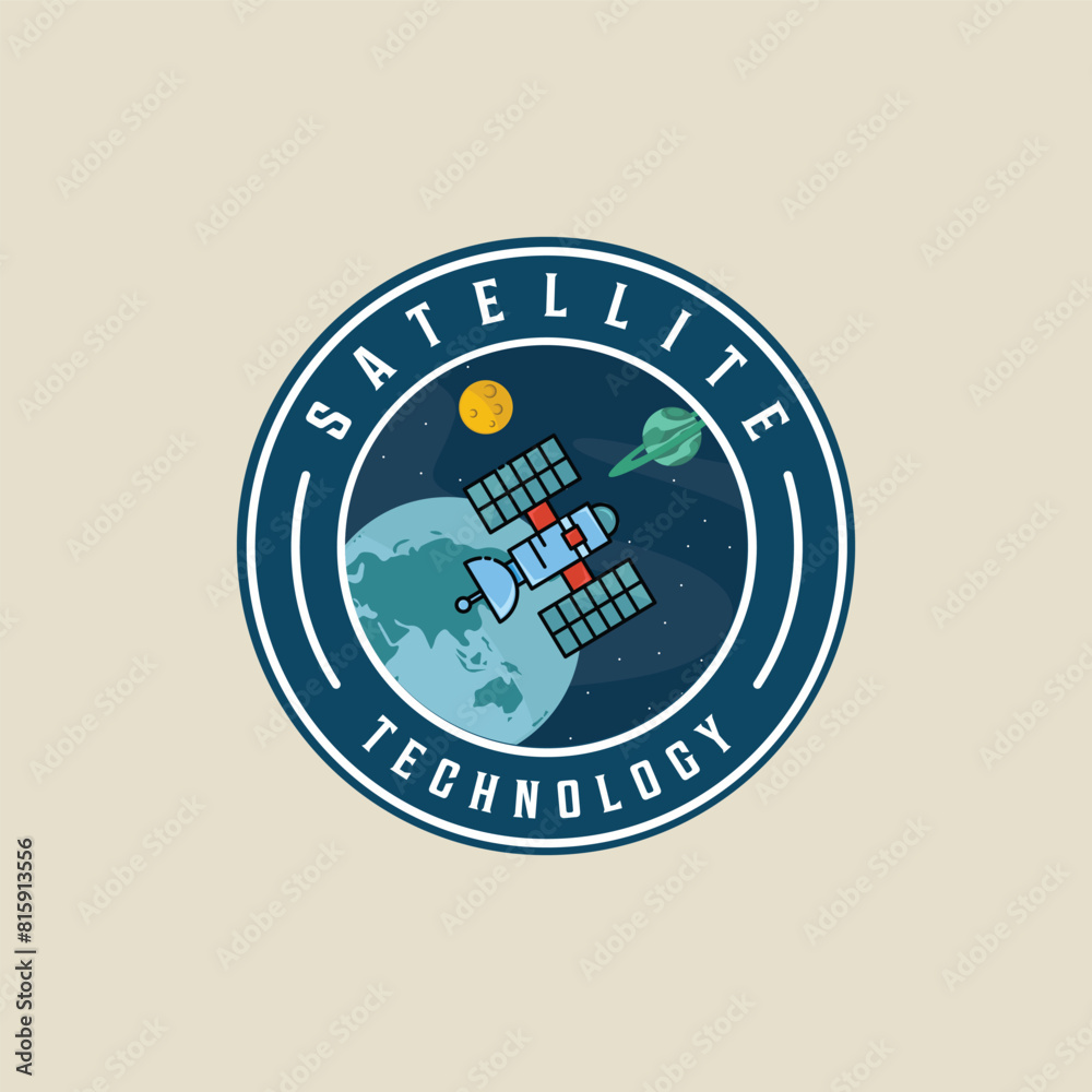 satellite at outer space emblem logo vector illustration template icon ...