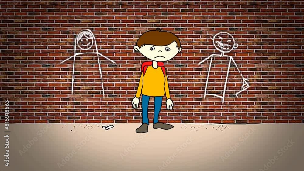 2D animated boy standing sad and upset next to the wall and his ...
