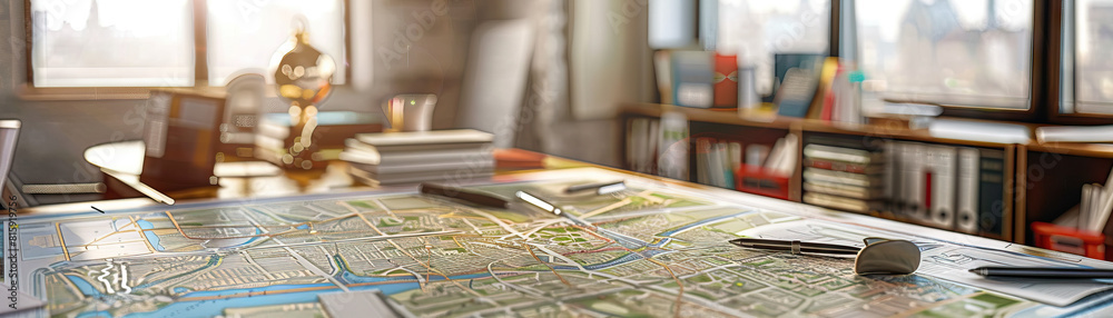 Urban Planning Office Floor: Showing city maps, development proposals ...