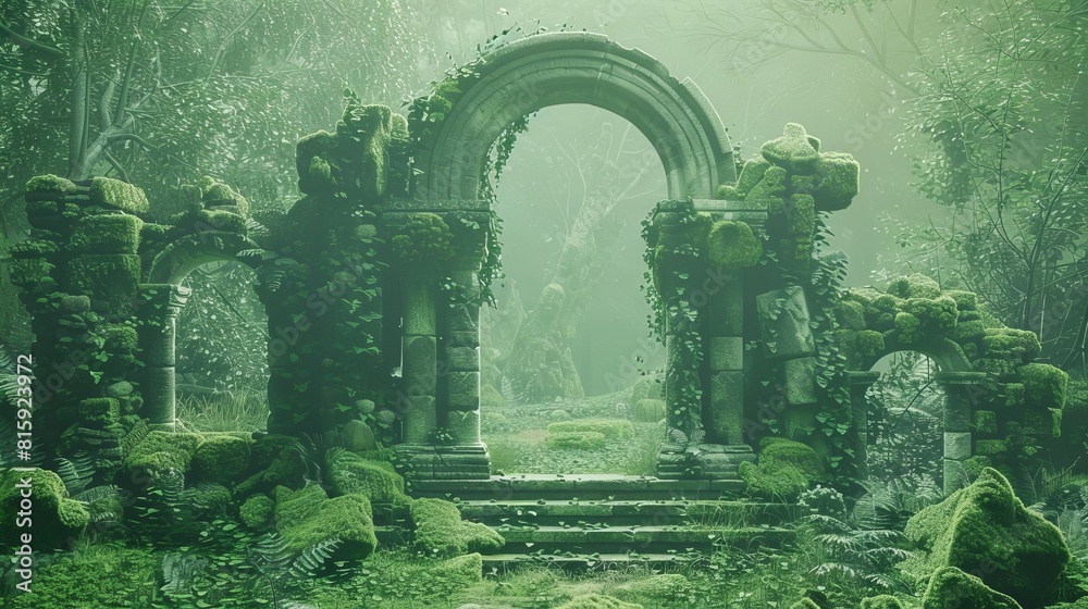 ancient green roman elf archway in fantasy jungle mosscovered stone ...