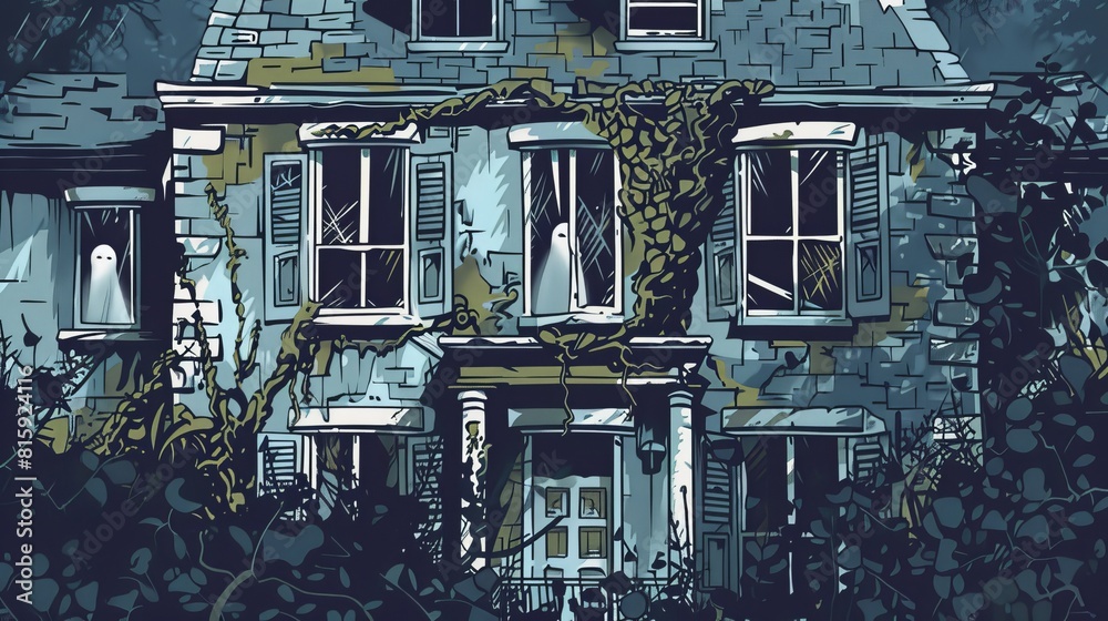 This image illustrates a haunted house with a dead girl spirit in the ...
