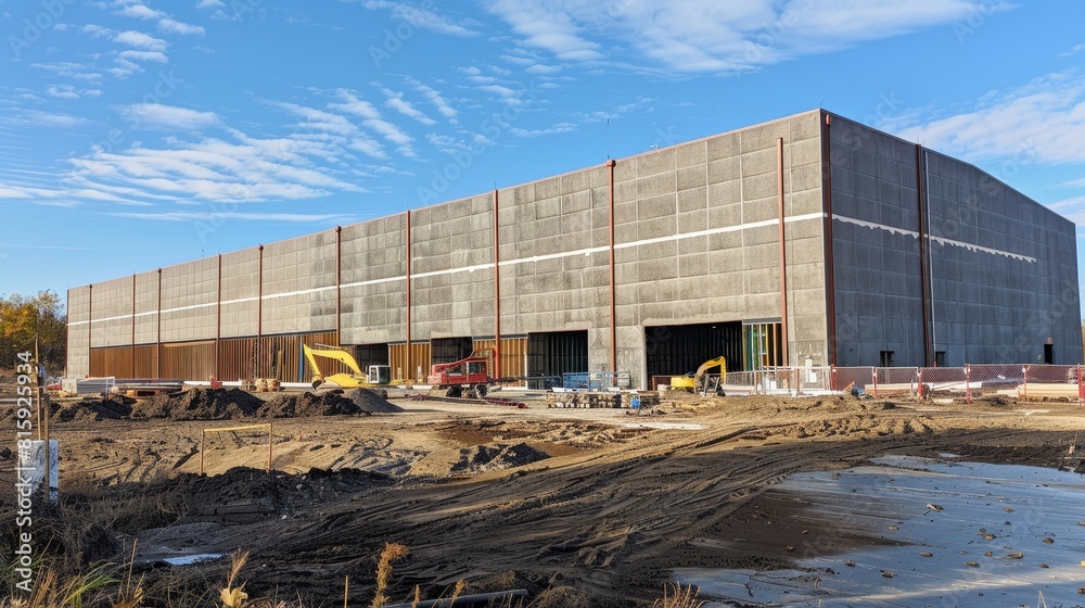 Construction progress of a tilt-up concrete warehouse, highlighting the ...