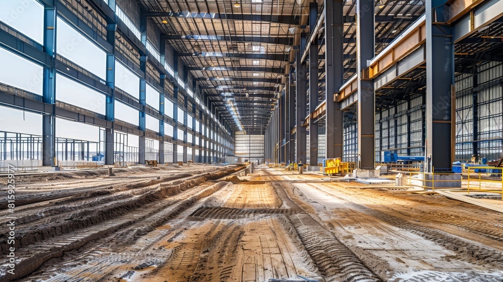 Construction progress of a tilt-up concrete warehouse, highlighting the ...