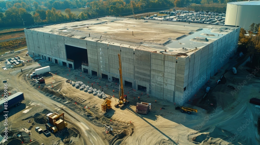 Construction progress of a tilt-up concrete warehouse, highlighting the ...
