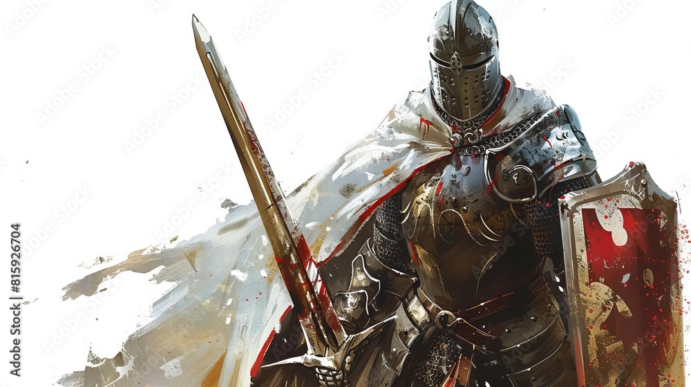 brave medieval knight in shining armor with sword and shield standing ...