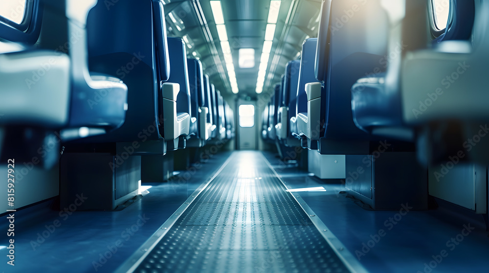 Empty cabin of a modern passenger train Empty blue seats inside train ...