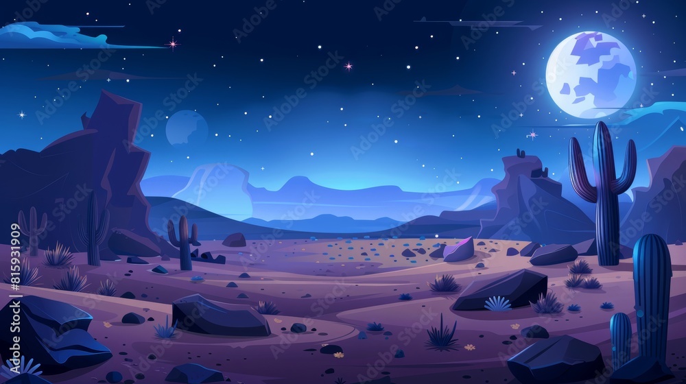 Night desert landscape with cacti, rocks, and dry deserted land under ...