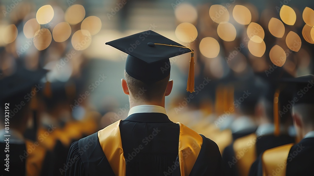Back view of male students wearing black and yellow caps during ...