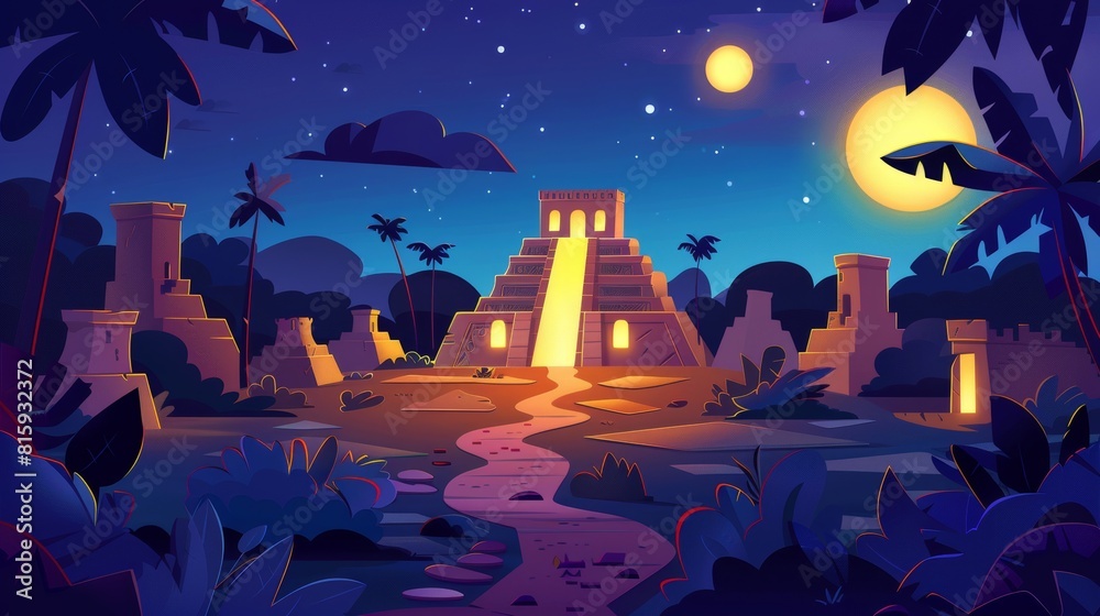 Modern cartoon illustration of an ancient Aztec village with a temple ...