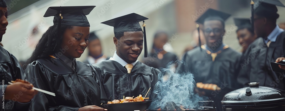 Black students wearing graduation gowns having a barbecue during their ...