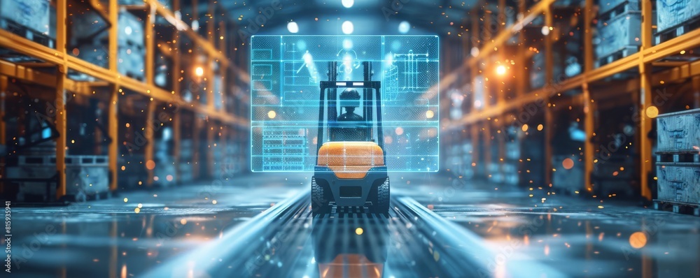 Forklift with digital screen in warehouse and icon of pallets on blue ...