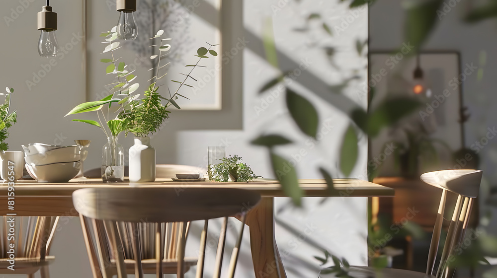 Stylish and botany interior of dining room with design craft wooden ...