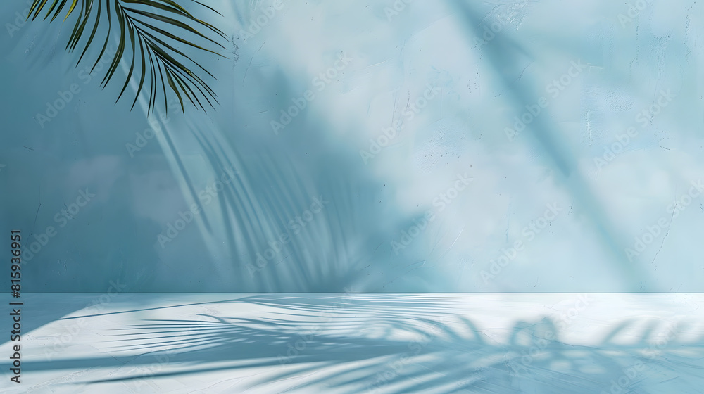 Minimal product placement background with palm shadow on blue plaster ...