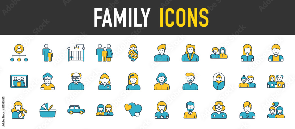Family icon set. Contains as Family Tree, Father And Son, Baby Crib ...