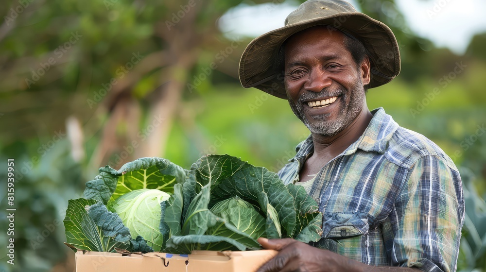 An African-American farmer smiles with pride as he holds a box of ...