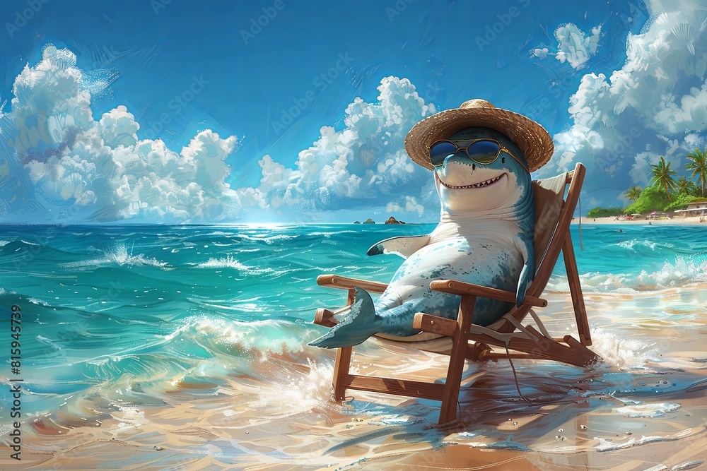 Funny shark with Panama hat wearing sunglasses sunbathing on a sun ...
