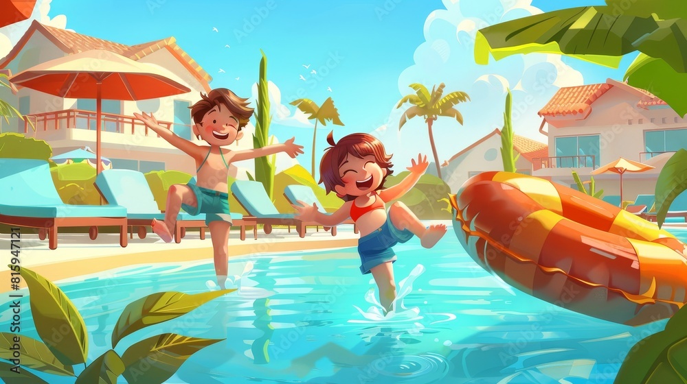 Swimming pool area with chaise lounges for kids, little boy jumping in ...