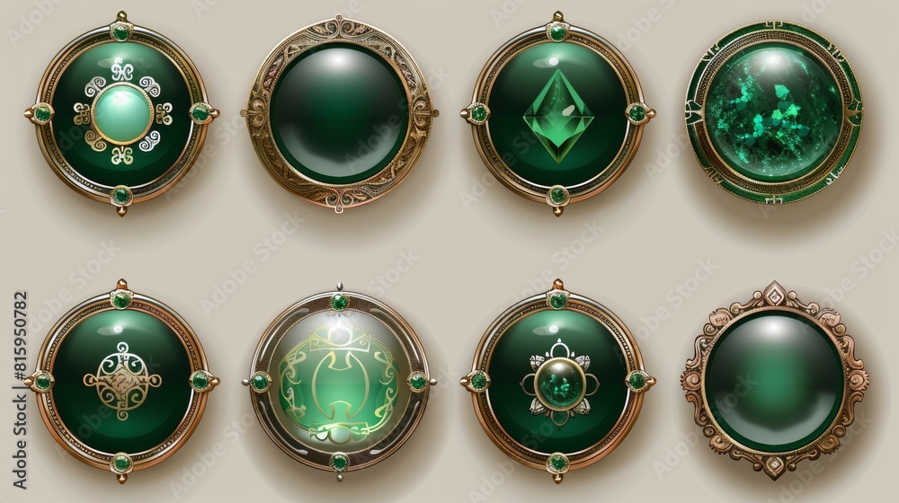 In fantasy medieval style, green game buttons with gold, silver and ...
