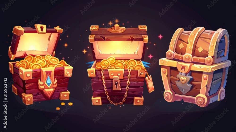Gold chest with coins, locked with chain and padlock and key. Game icon ...