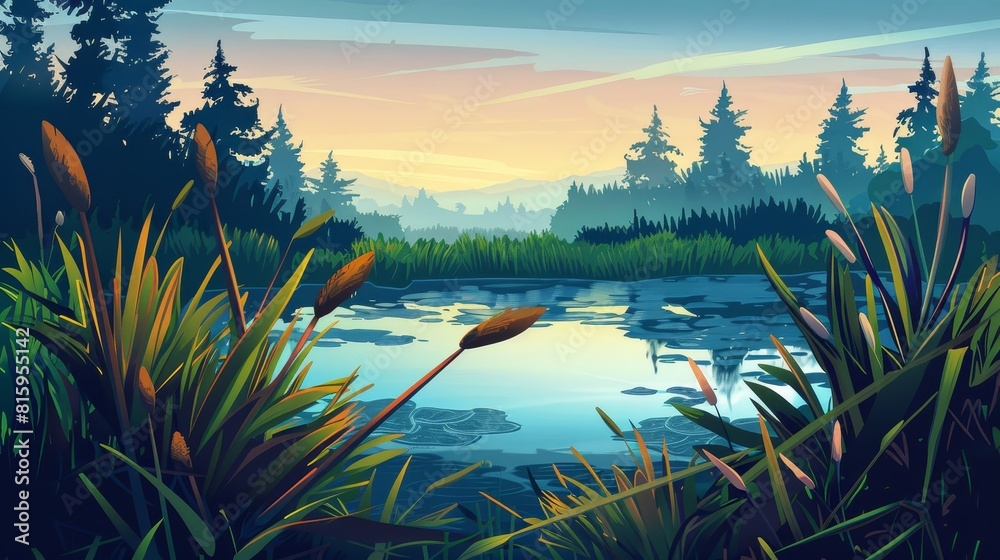 Modern background with green swamp and cattail near lake. Pond in bush ...