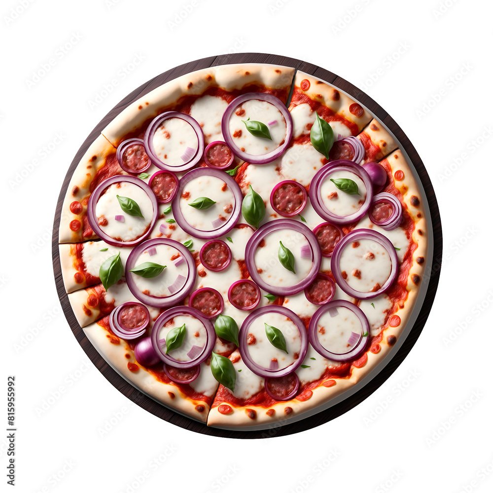 realistic pizza with mozzarella, pepperoni and red onion, top view ...