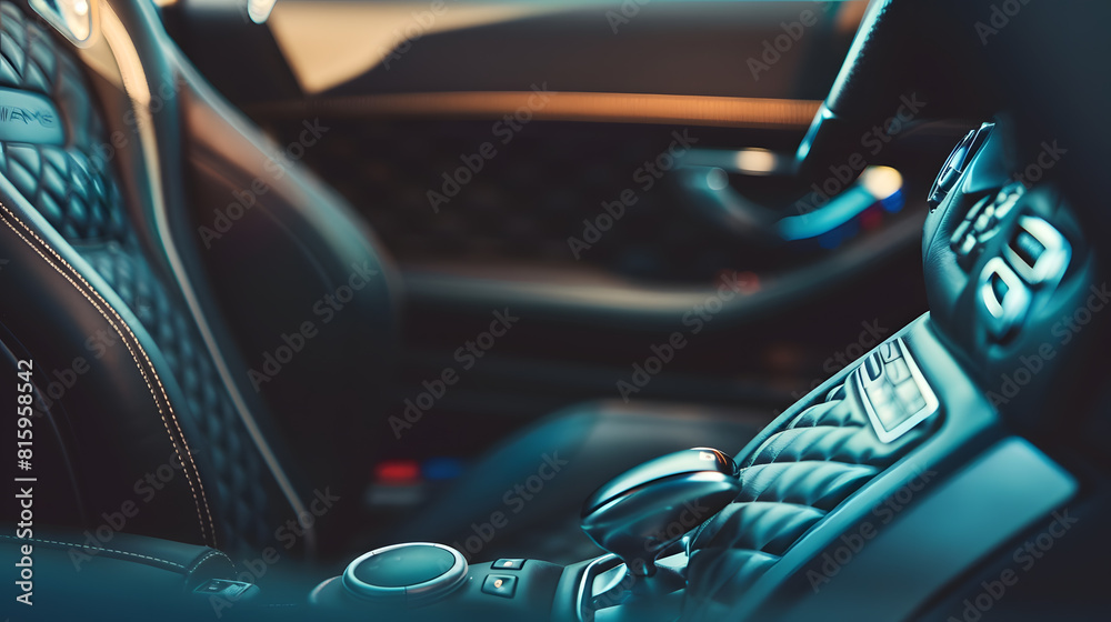 High angle view of luxury sport car front passenger seat and detail ...