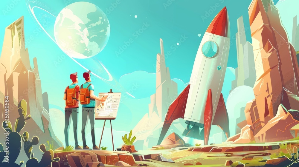 A modern cartoon illustration shows two engineers at a rocket ...