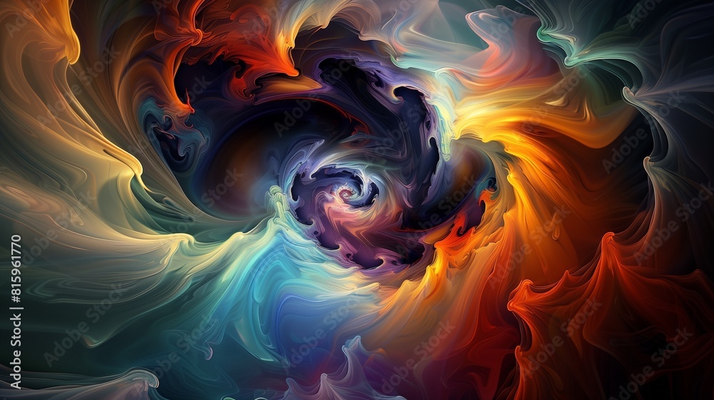 : Abstract shapes and forms emerge from a swirling vortex of color, creating a dynamic tableau ...