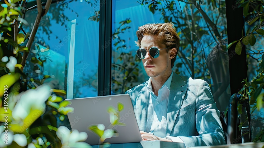 cool young entrepreneur in an ultra modern glass office, using OLED ...