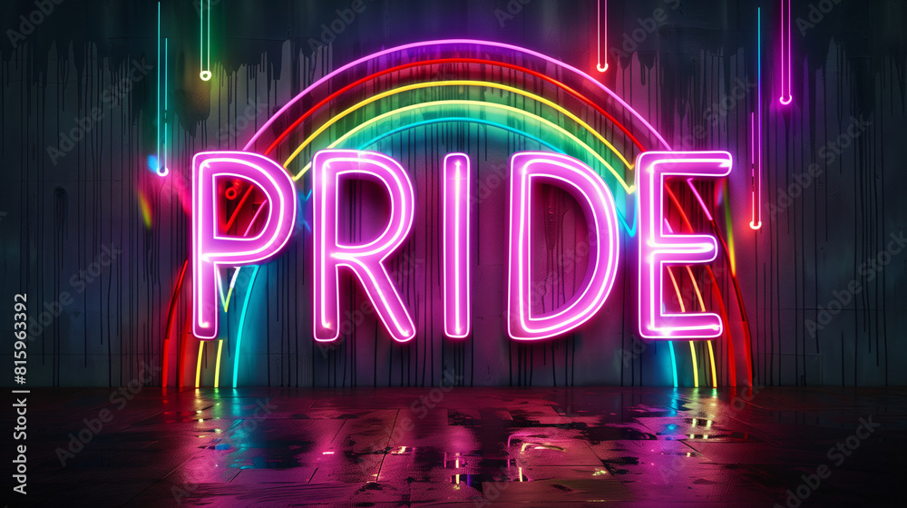 A vivid glowing big neon sign of the word "PRIDE" installed in front of ...
