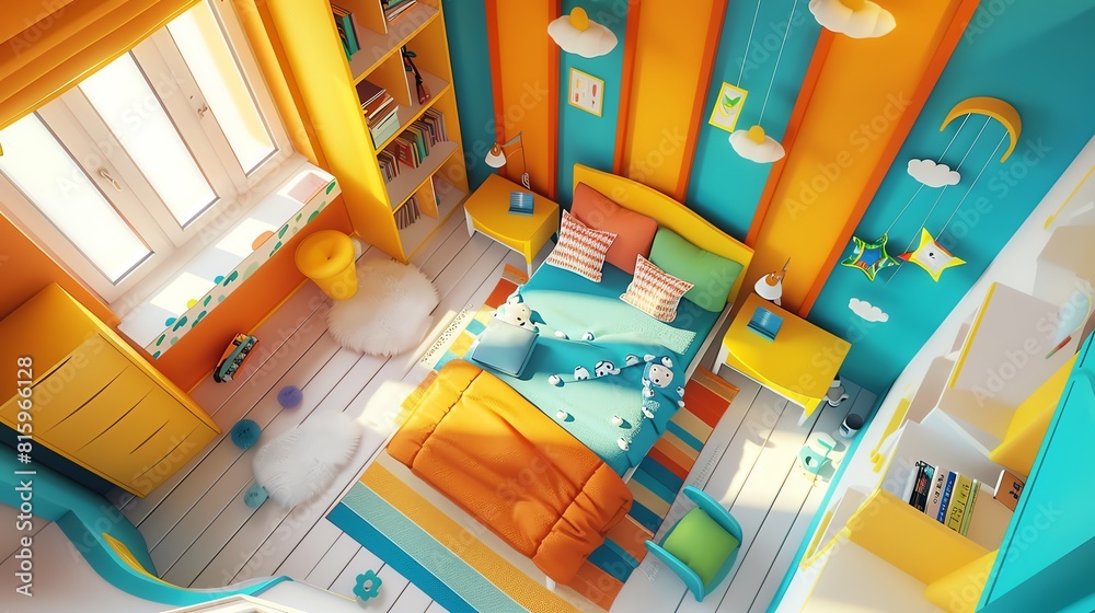 Childrens bedroom flat design top view playful theme 3D render ...