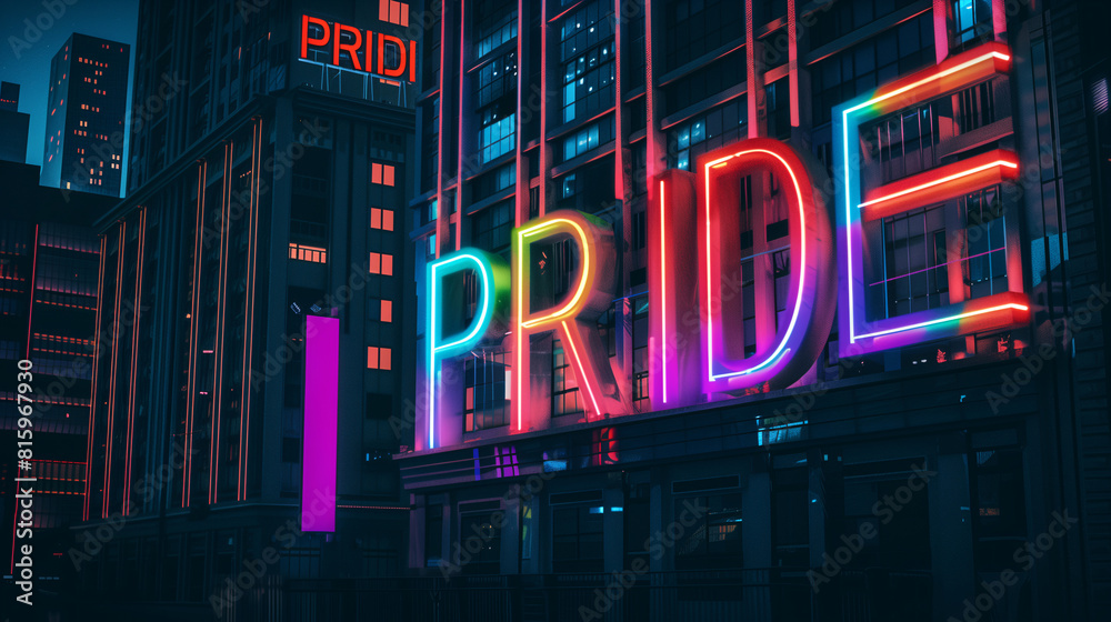 A vivid glowing big neon sign of the word "PRIDE" installed on a ...