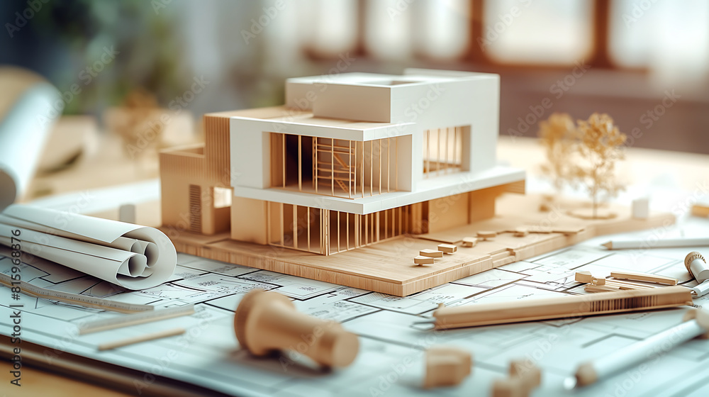 Mini modern house on blueprint architect, Architect designing on ...