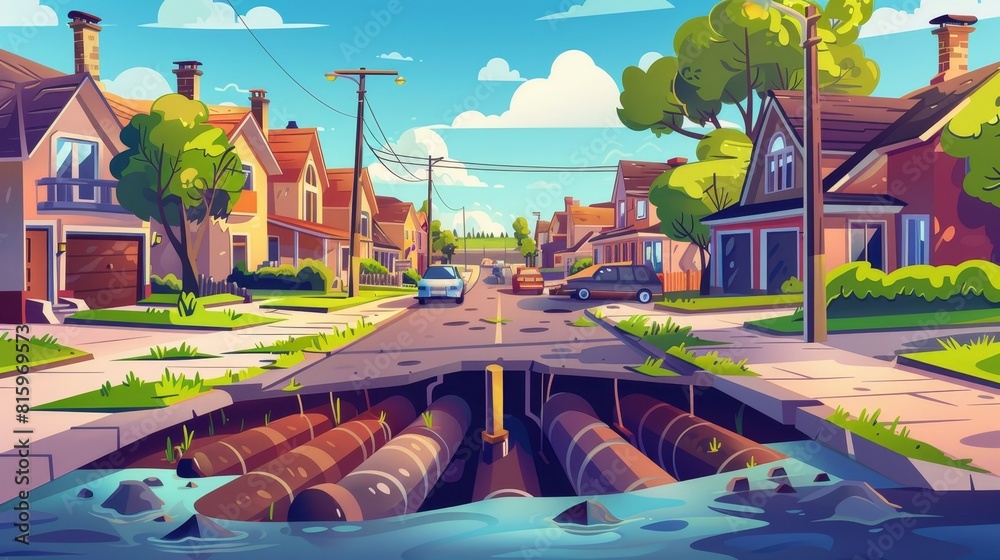 Modern cartoon illustration of a town street with underground pipeline ...
