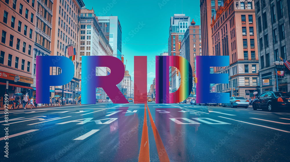 A rainbow graffiti of the word "PRIDE" is placed on a middle of a road ...