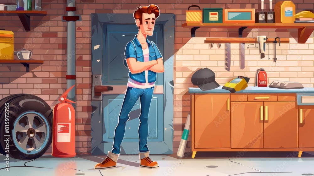 In this cartoon modern illustration of carport interior with ...