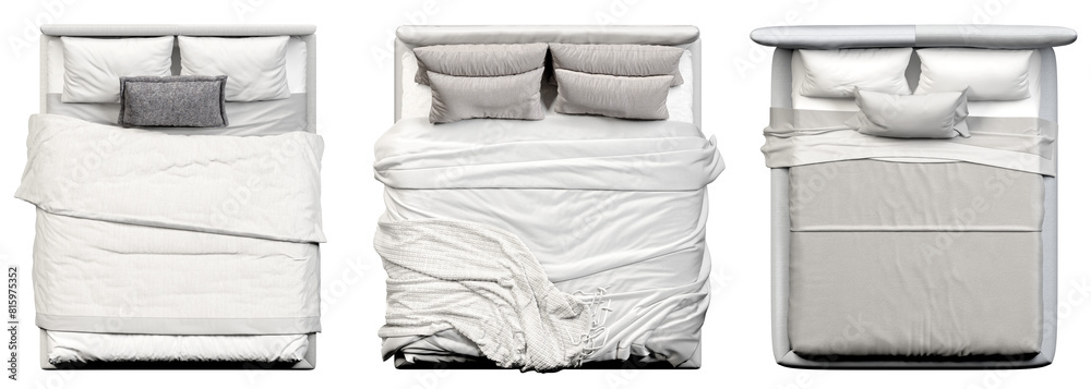 Top view modern bed comfortable furnitures set on transparent ...