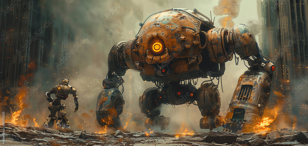 Illustrate a post-apocalyptic wasteland with robotics advancements ...