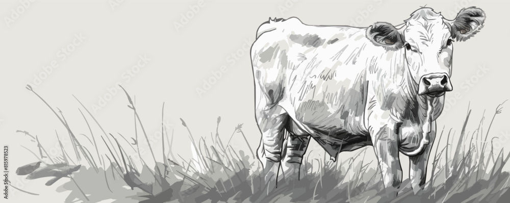 Dairy cow standing in full length, side view in sketch style. Hand ...