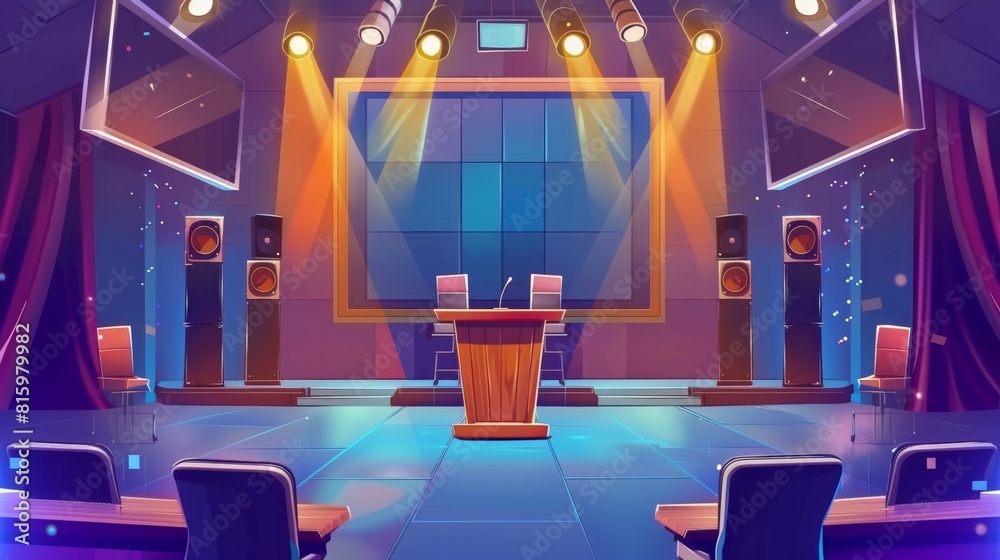 Cartoon modern of empty competition and contest stage with a micro and ...