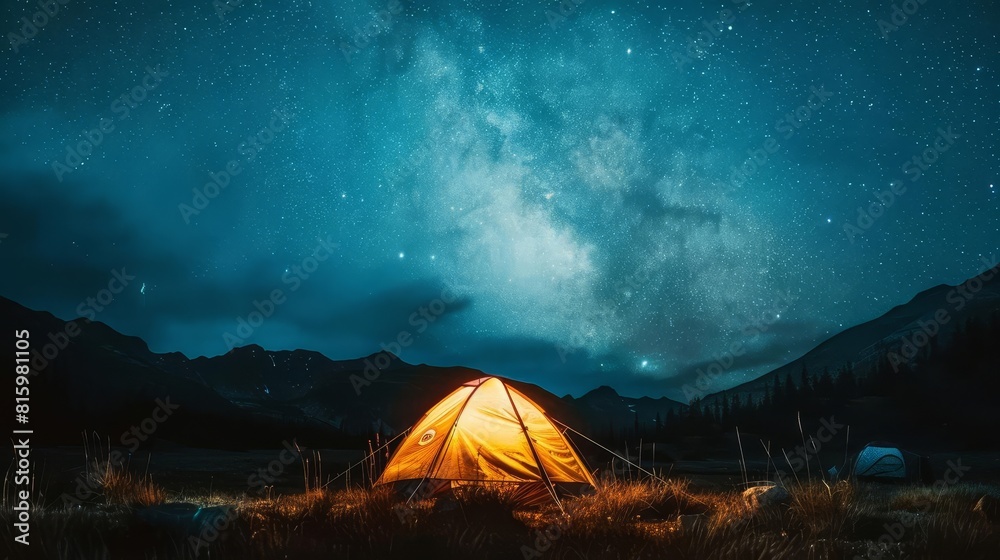 glowing tent under starry night sky in mountains outdoor camping adventure scene Stock ...