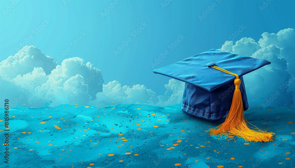 Graduation caps flying in the sky. Students celebrate graduation ...