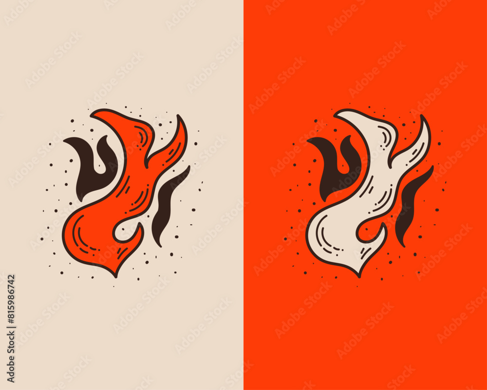 Fire flame icon with grunge texture. Vintage hipster fire flame logo ...
