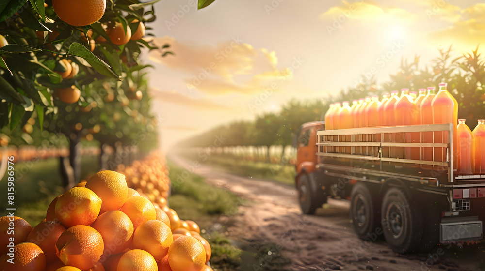 Cargo truck carrying bottles with grapefruit juice in an orchard with ...