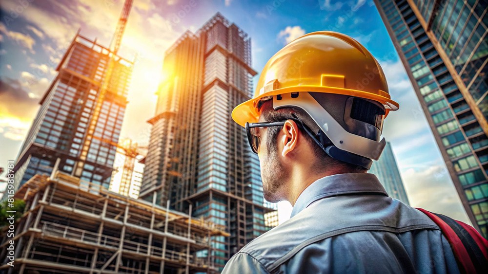 A detailed close-up of an engineer donning a safety helmet, juxtaposed ...